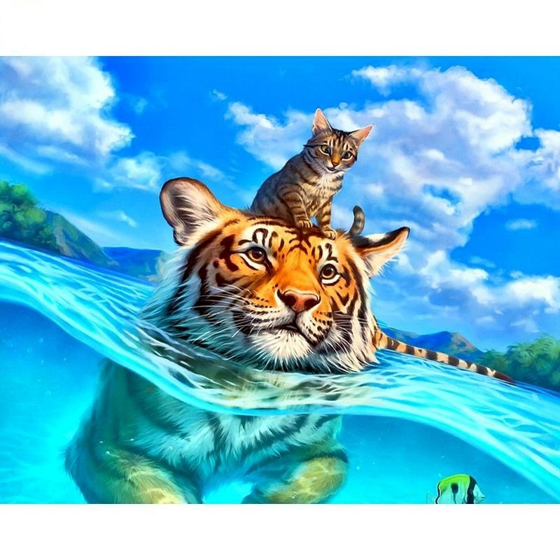Paint By Numbers Tiger Swimming And Cat Kit