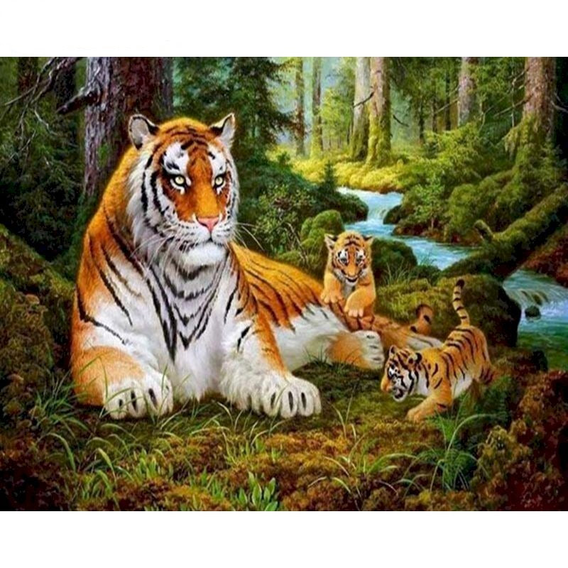 Paint By Numbers Tiger Family In Forest Kit